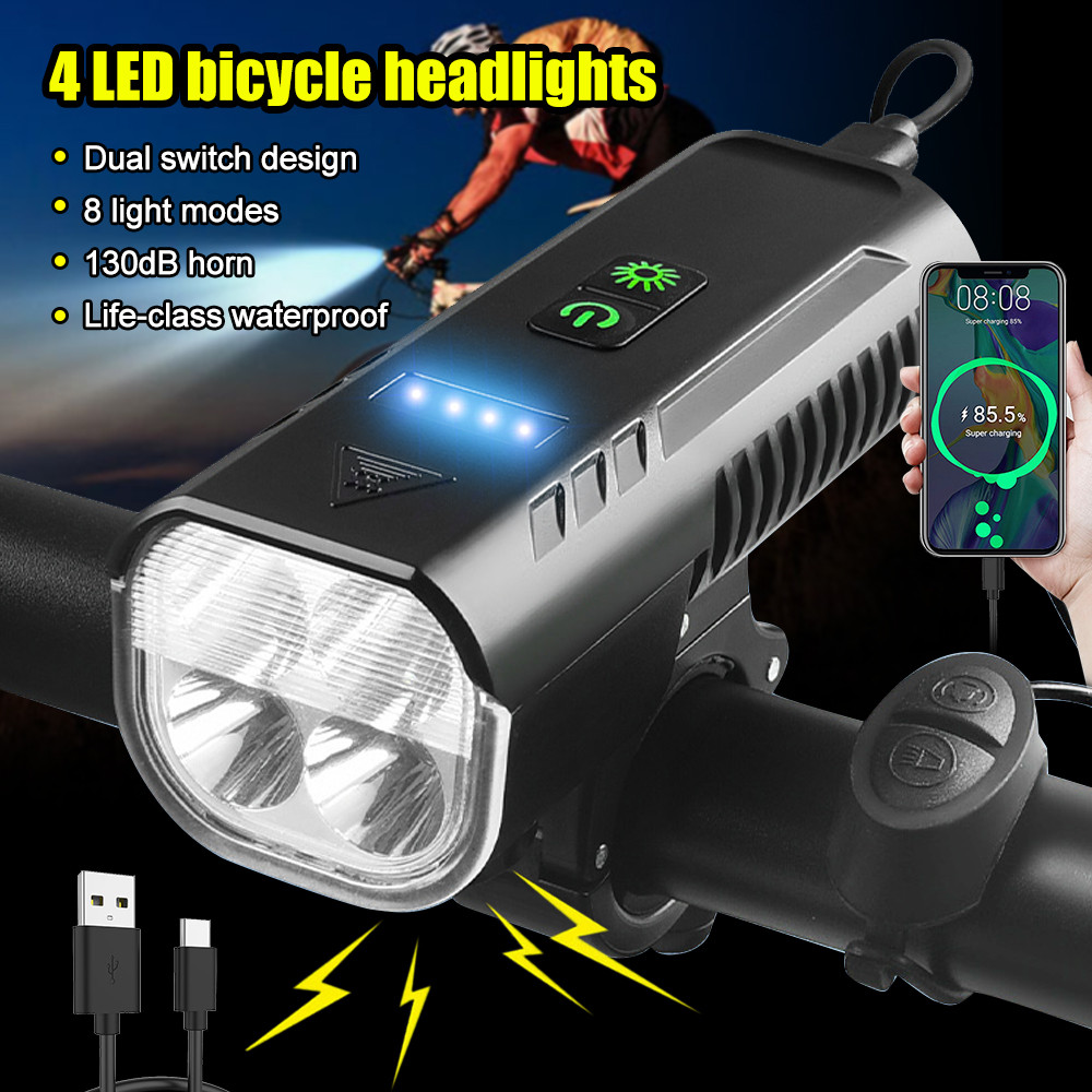 4 LED USB Front Bike Headlight 8 Modes Dual Switch Bicycle Light 2 in 1 MTB Cycling Lamp 130dB ...