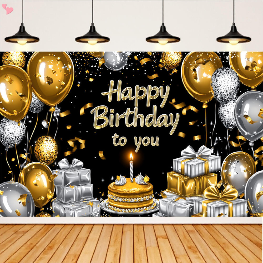 Happy Birthday Party Backdrop Banner for Men Women Black Pink Gold Balloons Glitter Bokeh Spots ...