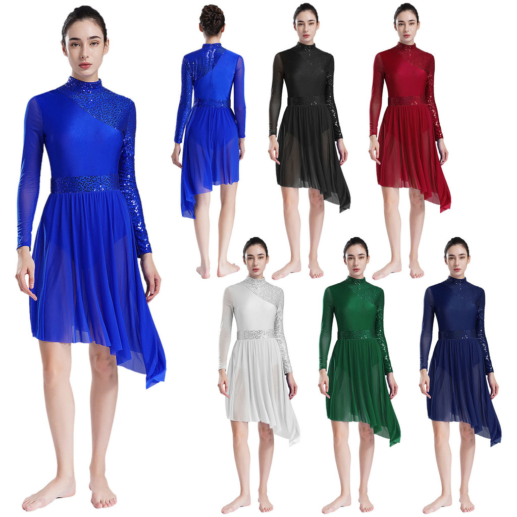 Women Modern Lyrical Dance Dress Long Sleeve Shiny Sequin Sheer Mesh Leotard Dresses Ballet ...