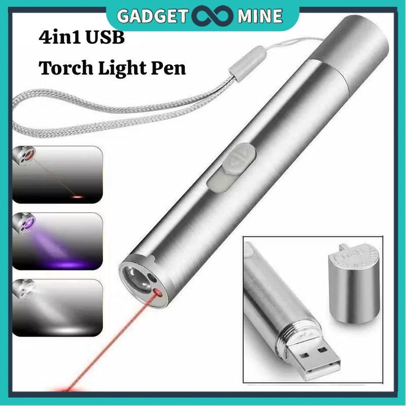 4 in 1 USB Rechargeable UV Torch Light Laser Pointer Pen Money Detector ...