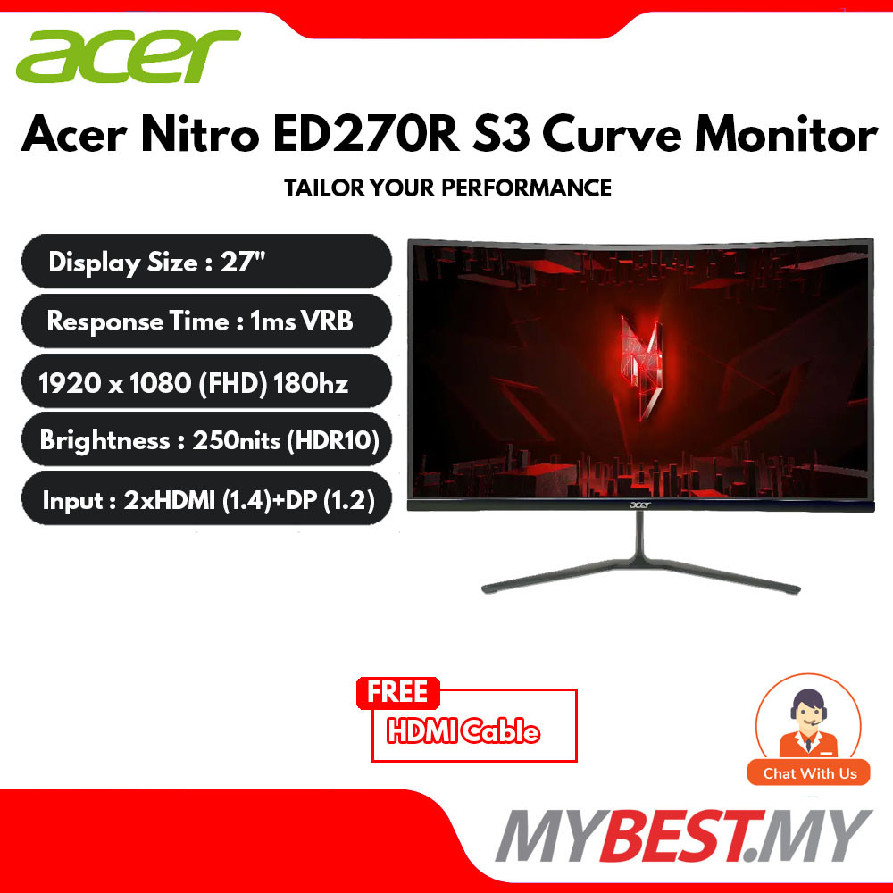 ACER Nitro ED270RS3 Curved Gaming Monitor - 27”/1500R Curved/FHD 1920 x ...