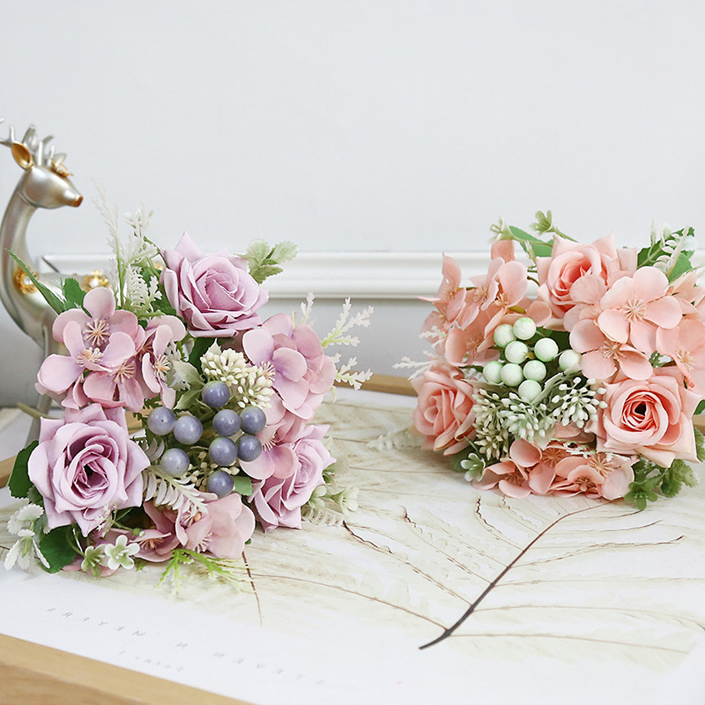 SPE- Artificial Berry Rose with Green Leaves Realistic Fake Silk Flower ...