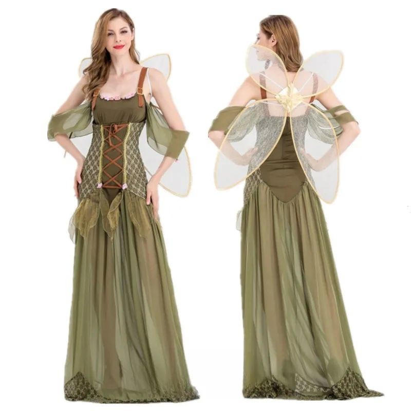 Forest Green Elf Flower Fairy Princess Halloween Angel Cosplay Costume ...