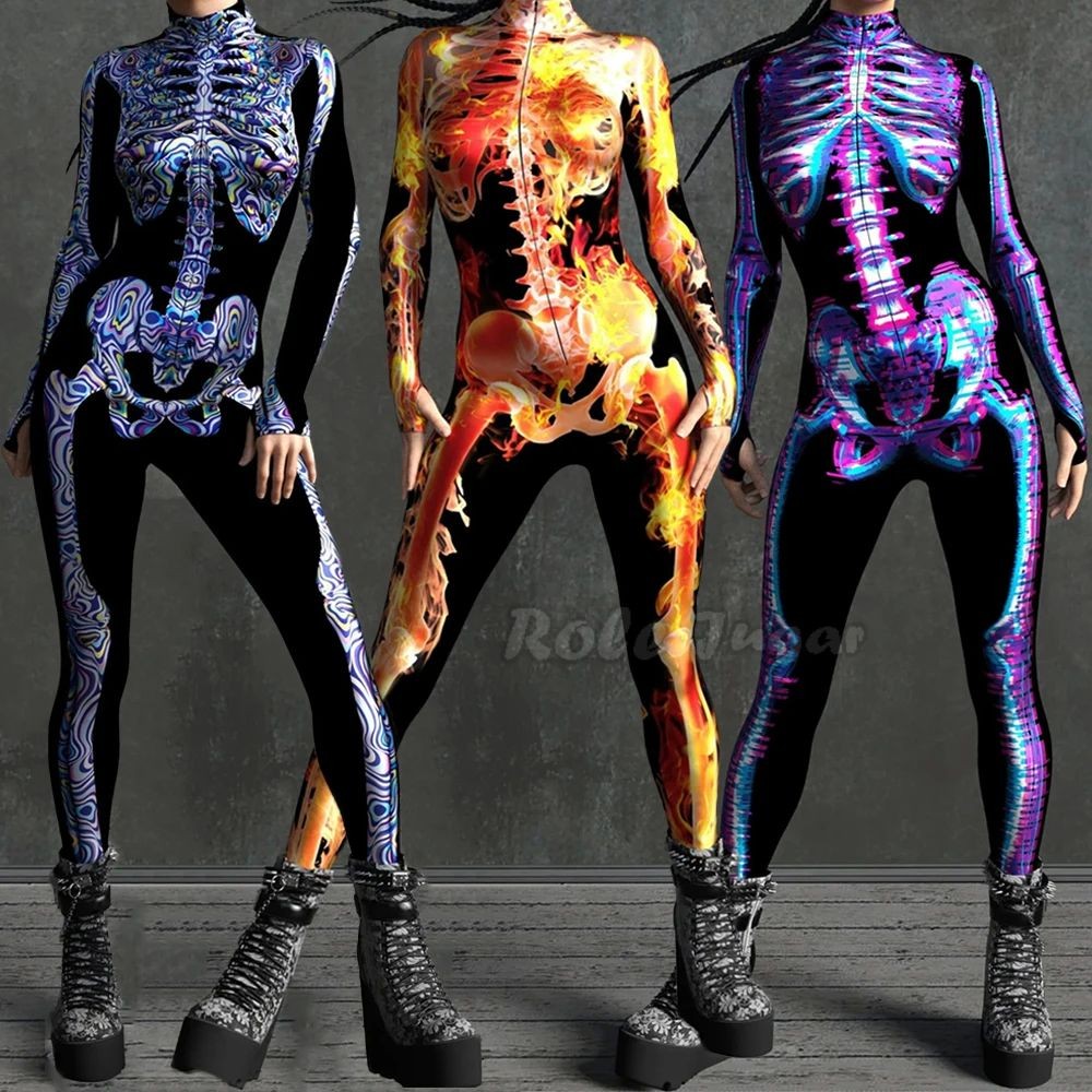 Skeleton Pattern 3D Printed Slim Bodysuit Women Skinny Carnival Cosplay ...