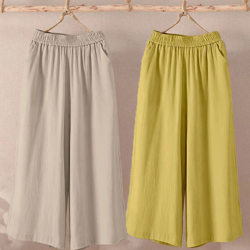 3 Quarter Pants Women Wide Leg Palazo Slack Baggy Cotton Linen Plus ...