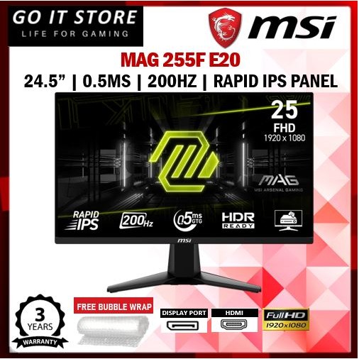MSI MAG 255F E20 (24.5", 1MS, 200Hz, FHD, RAPID IPS) GAMING MONITOR | Shopee Malaysia