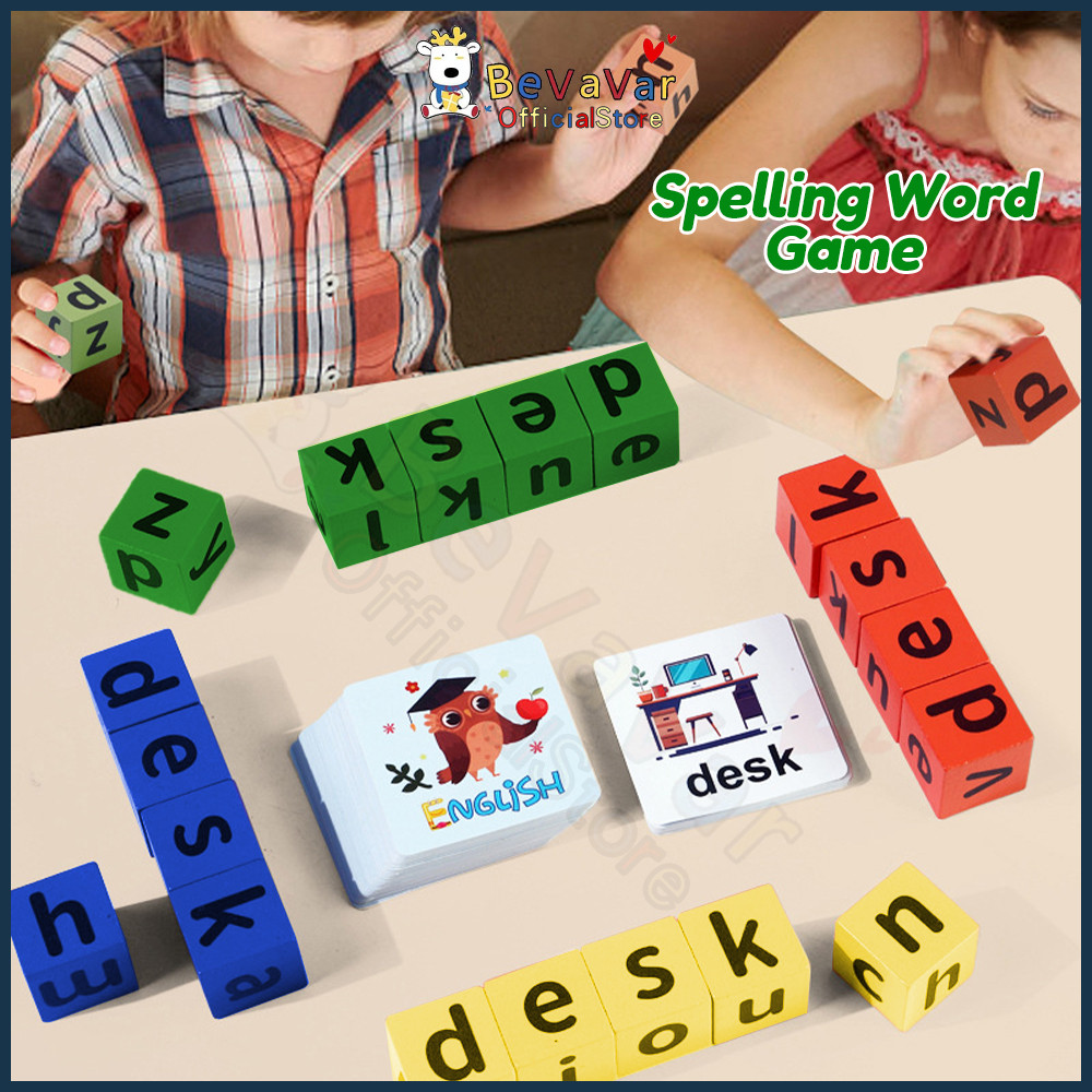 BEVAVAR Letter Spelling Block Flash Cards Game Wooden Cube Block Magic ...