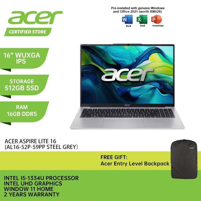 ACER Aspire Lite 16 AL16-52P-59PP - 16" WUXGA IPS/i5-1334U/16GB DDR5/512GB SSD/Intel UHD/WIn11 ...