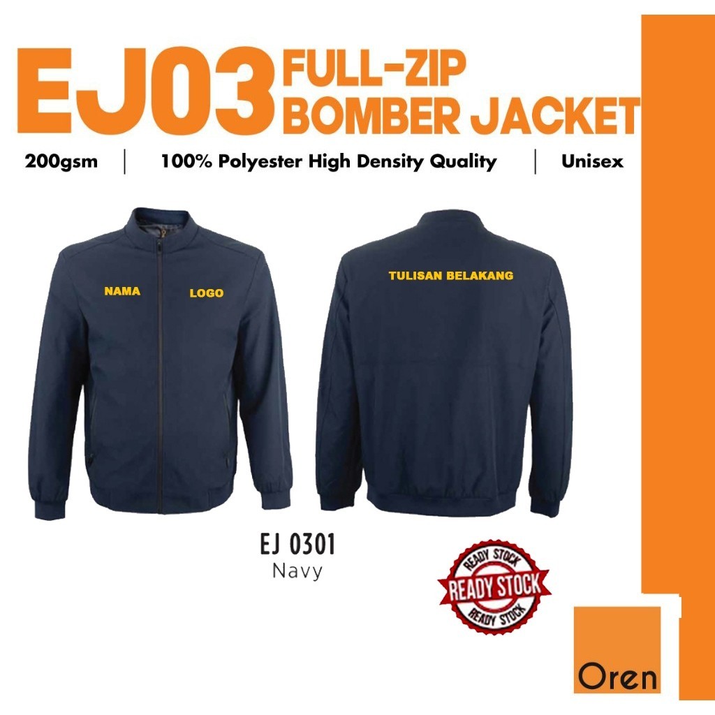 Full-Zip Executive Bomber Jacket BIRU GELAP EJ03 (Sulam Nama + Logo ...