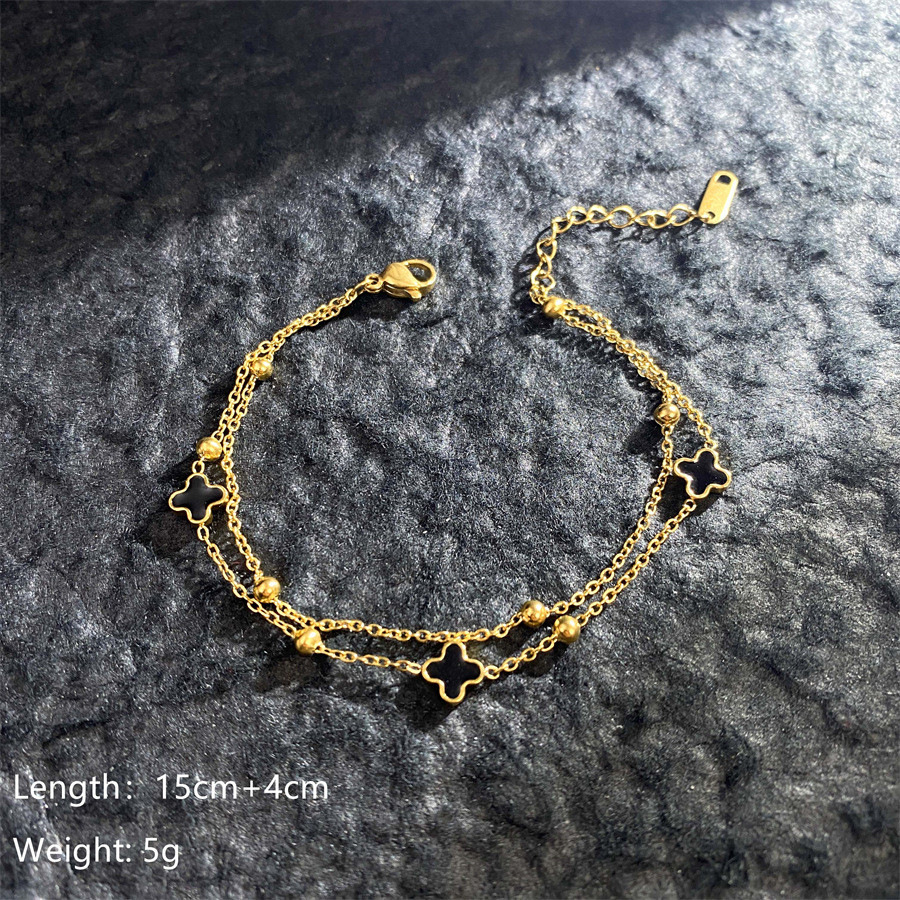 18K Gold Titanium Double Layer Bracelet Gelang Tangan Korean Four Leaf ...