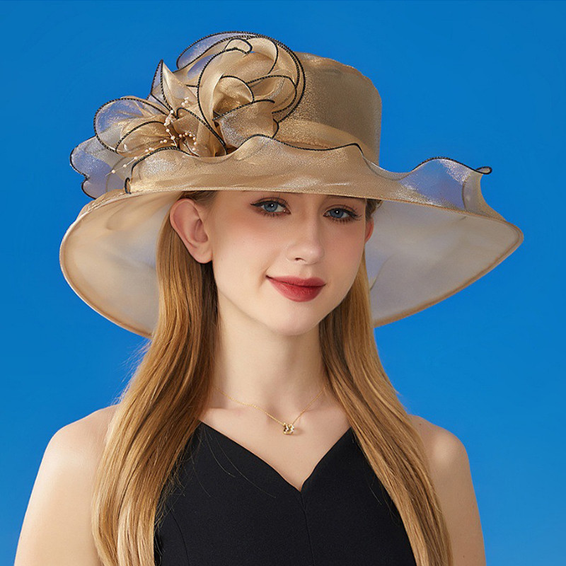 French Vintage Foldable Organza Flowers Hats Women Summer Ruffles Wide ...
