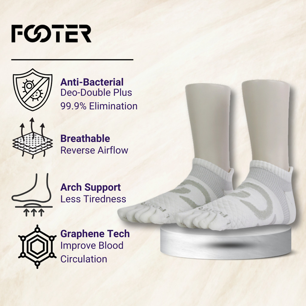 FOOTER Breathable Anti Odor Anti-Bacterial Sport Five Toe Socks - Size ...