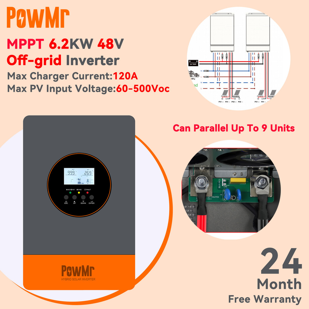 【New Version】PowMr MPPT 6.2KW Off Grid Solar Hybrid Inverter 230Vac Built-in 120A MPPT Solar ...