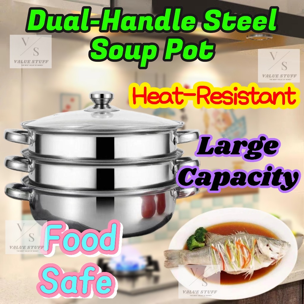 3 Layer Stainless Steel Double-Layer Steamer with 2-Layer Option Soup ...