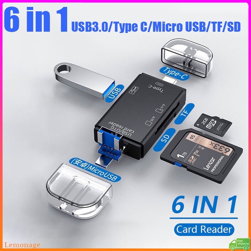 USB 3.0 Card Reader 6 in 1 Micro USB/U Disk/Type C/TF/SD Memory Card ...