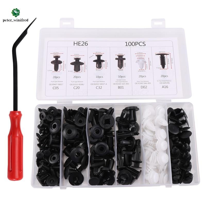100Pc Plastic Rivets Fastener Bumper Push Clips W / Removal Tool for ...