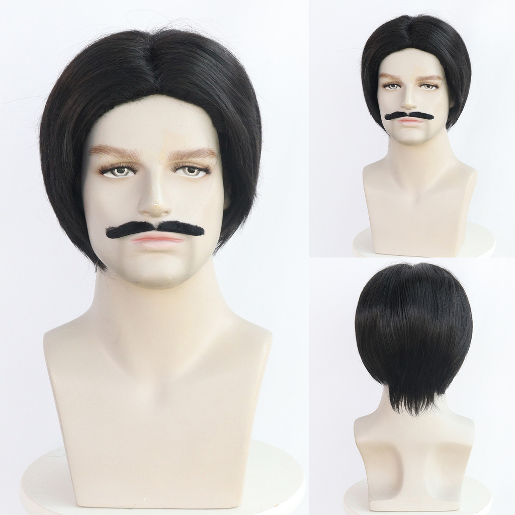 Mermaid Gomez Wig Vintage Handlebar Moustache Kit Men Short Black 70s ...