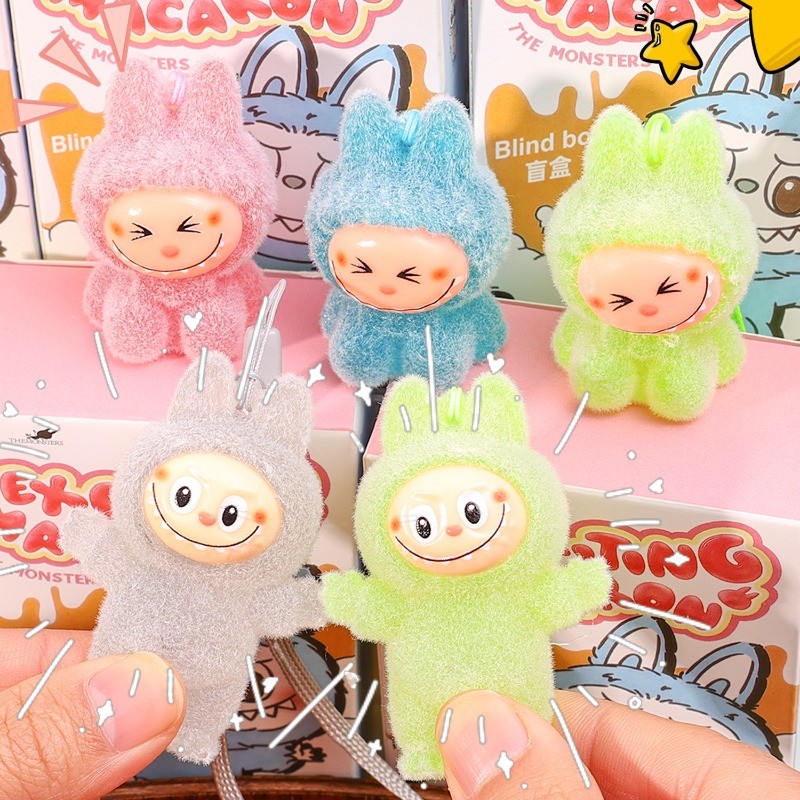 3/1Pcs Flocking Labubu Keychain Blind Box - Fluorescence Cartoon Labubu ...