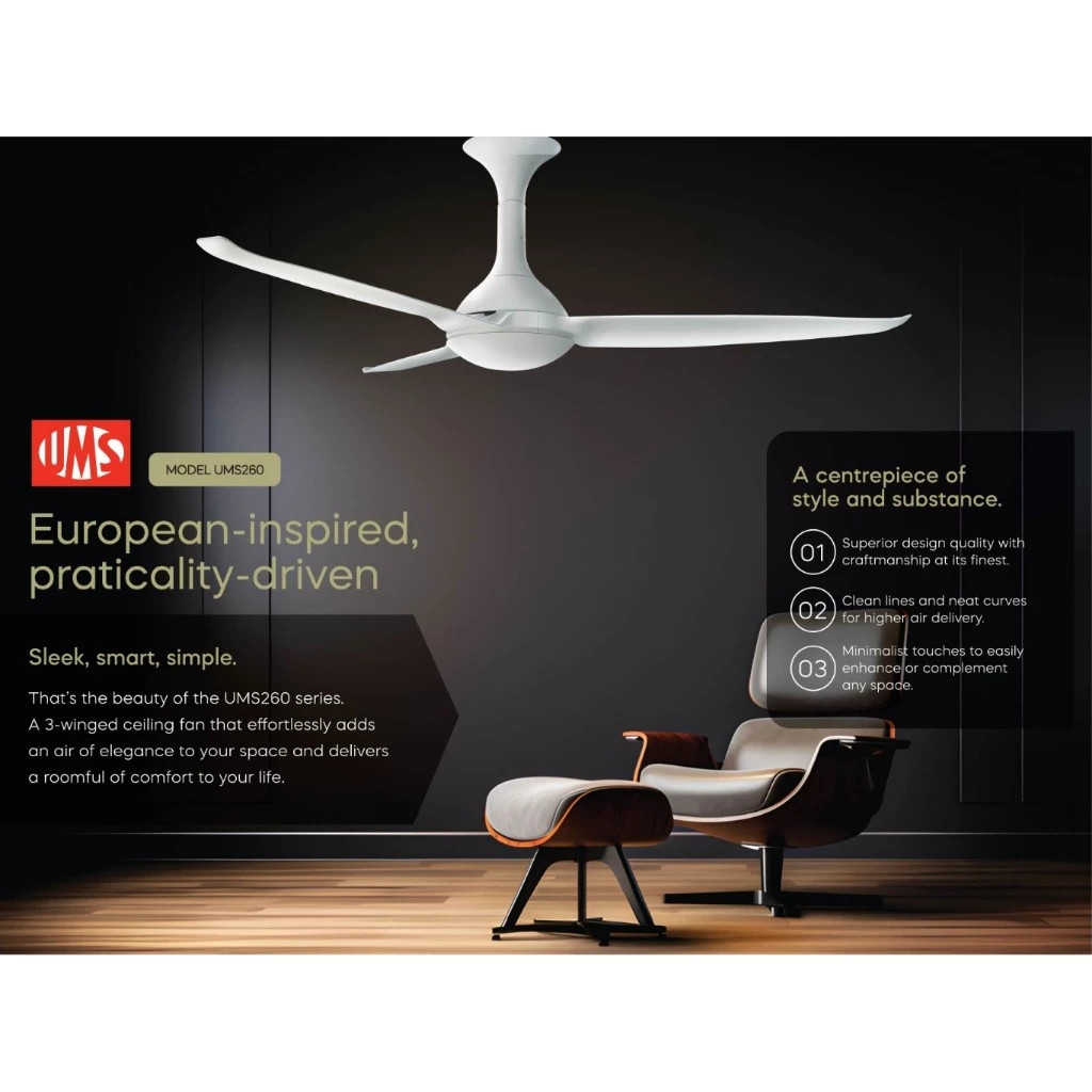 UMS 60" Ceiling Fan White UMS260AC Modern Slim Design / UMS260AC Kipas ...