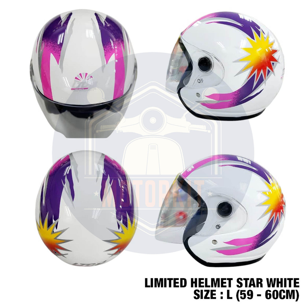 LIMITED EDITION MOTOR HELMET OPEN FACE WHITE STAR DESIGN TOPI KELEDAR ...