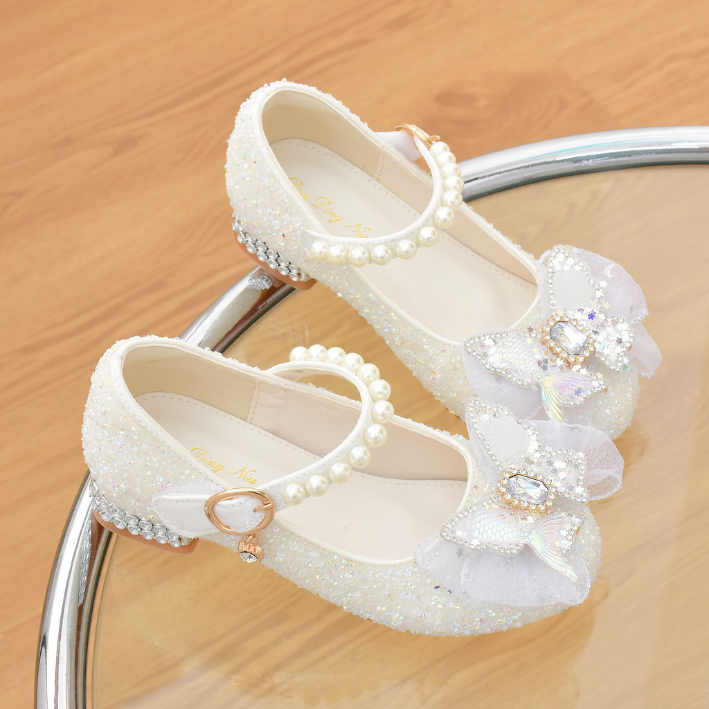 Girls Shoes White Leather Shoes Children Mermaid Crystal Princess High ...