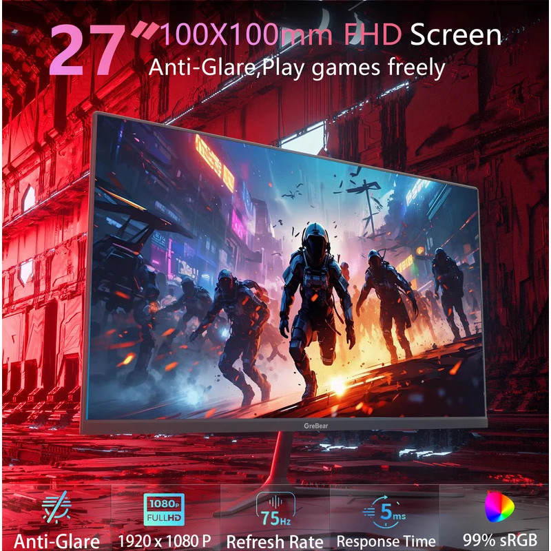 GreBear 27-inch Computer Monitor IPS Panel PC Monitors FHD 1080p 75Hz ...