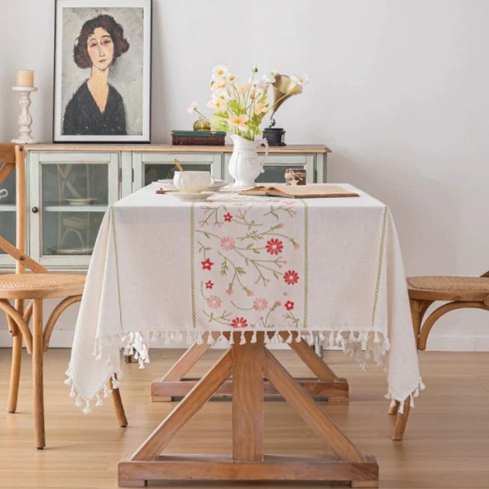 Table Cloth Embroidery Floral Pattern Wrinkle Free Heavy Cotton Linen ...
