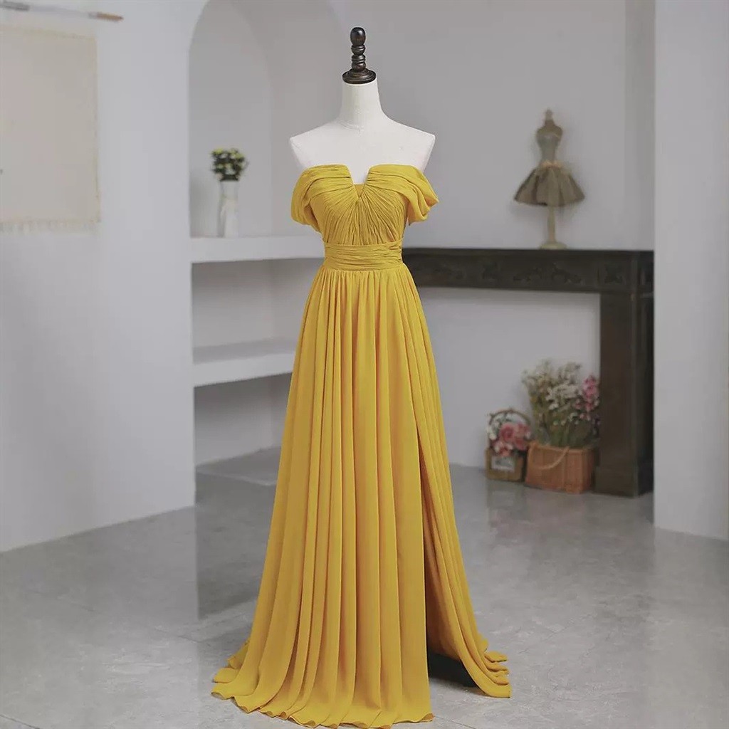 Yellow Off-shoulder Evening Dress Banquet Annual Meeting Host ...
