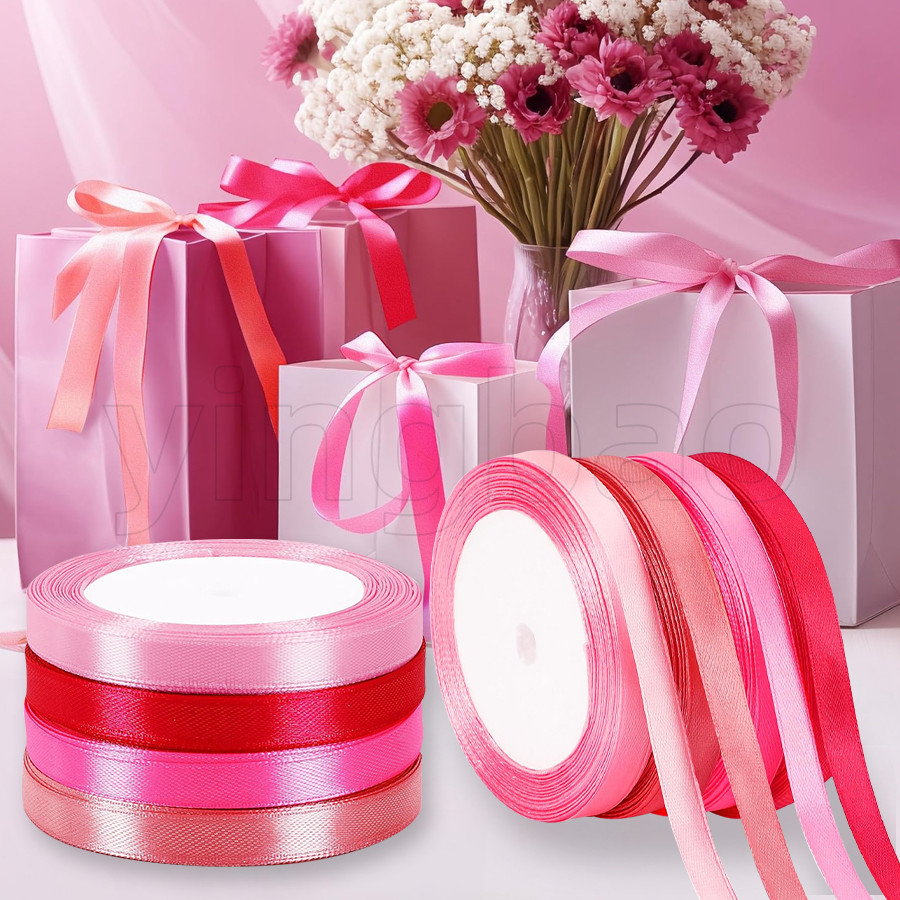 4 Rolls Pink Valentines Theme Ribbons 100 Yards Fabric Silk Satin ...