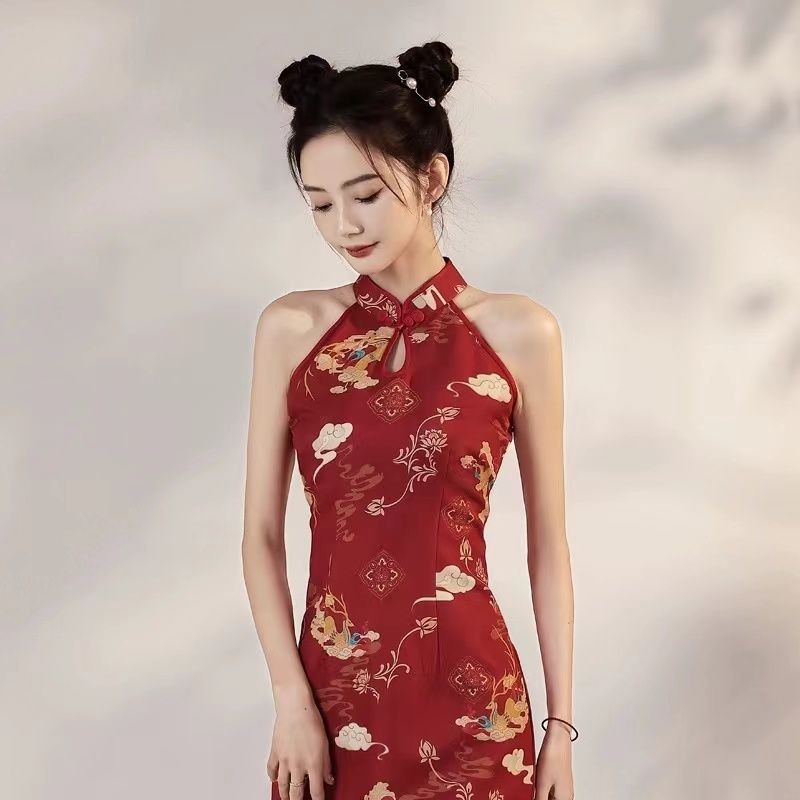 [New Style] Red Improved Cheongsam Women 2025 Young Girl Halter Neck ...