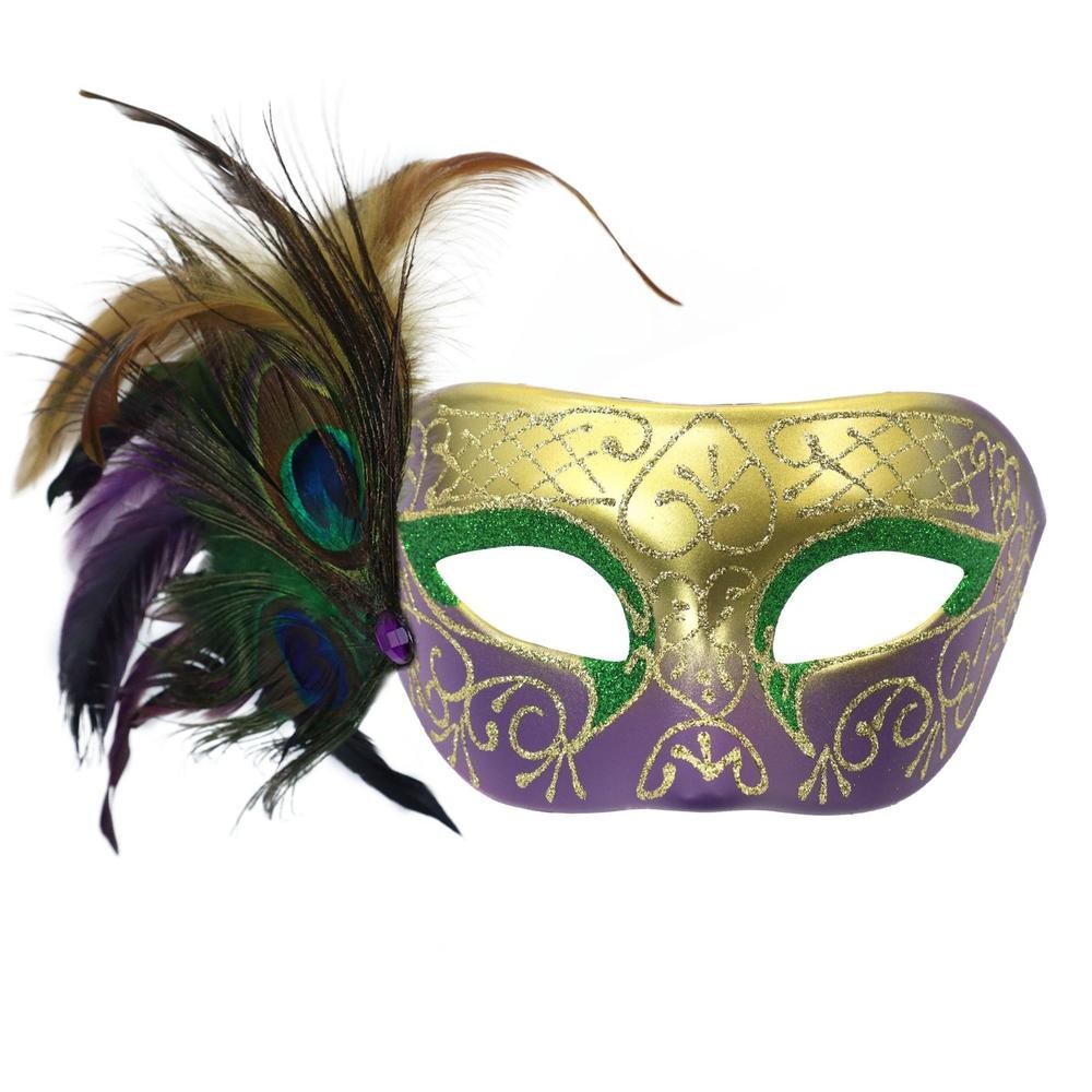 1Pcs Deluxe Mardi Gras Masquerade Mask With Feathers Plastic Carnival ...