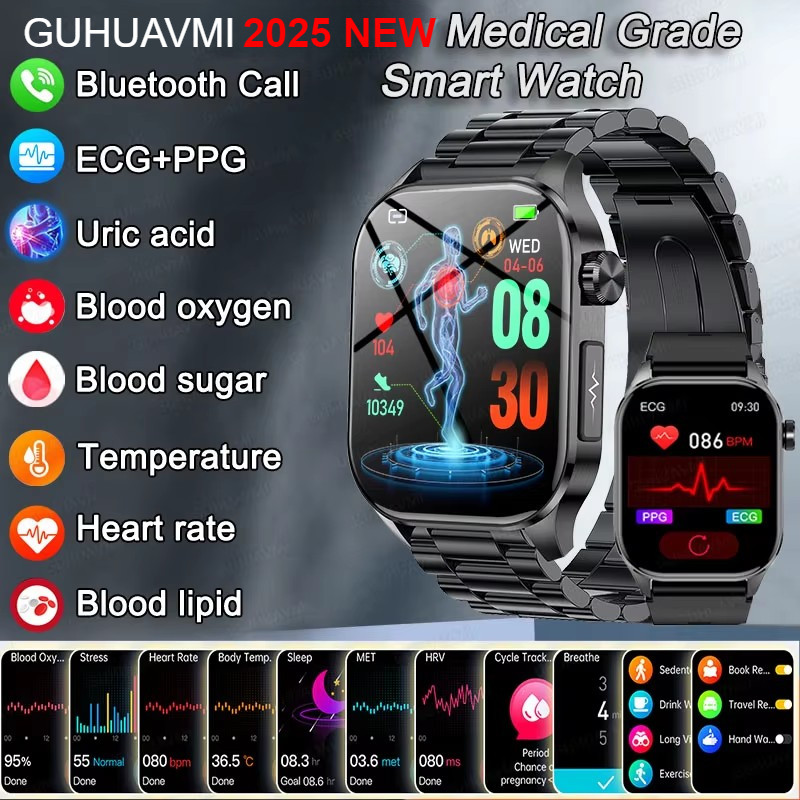 Medical Grade Smart Watch Men Blood Sugar Lipid Uric Acid ECG+PPG Watch ...