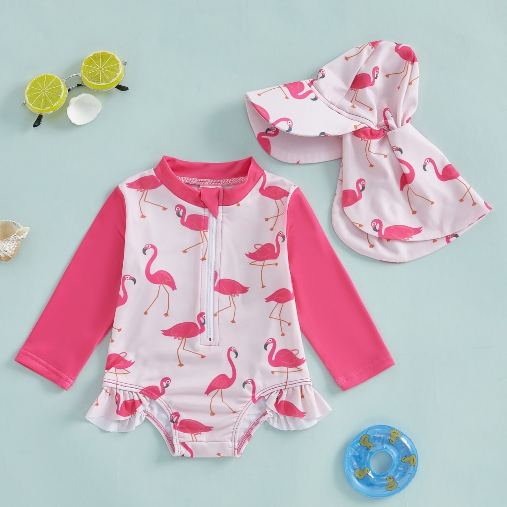 GETA-Toddler Girls Swimsuit Dinosaur/Flamingo Print Baby Ruffles Rash Guard Swimwear with Swim ...