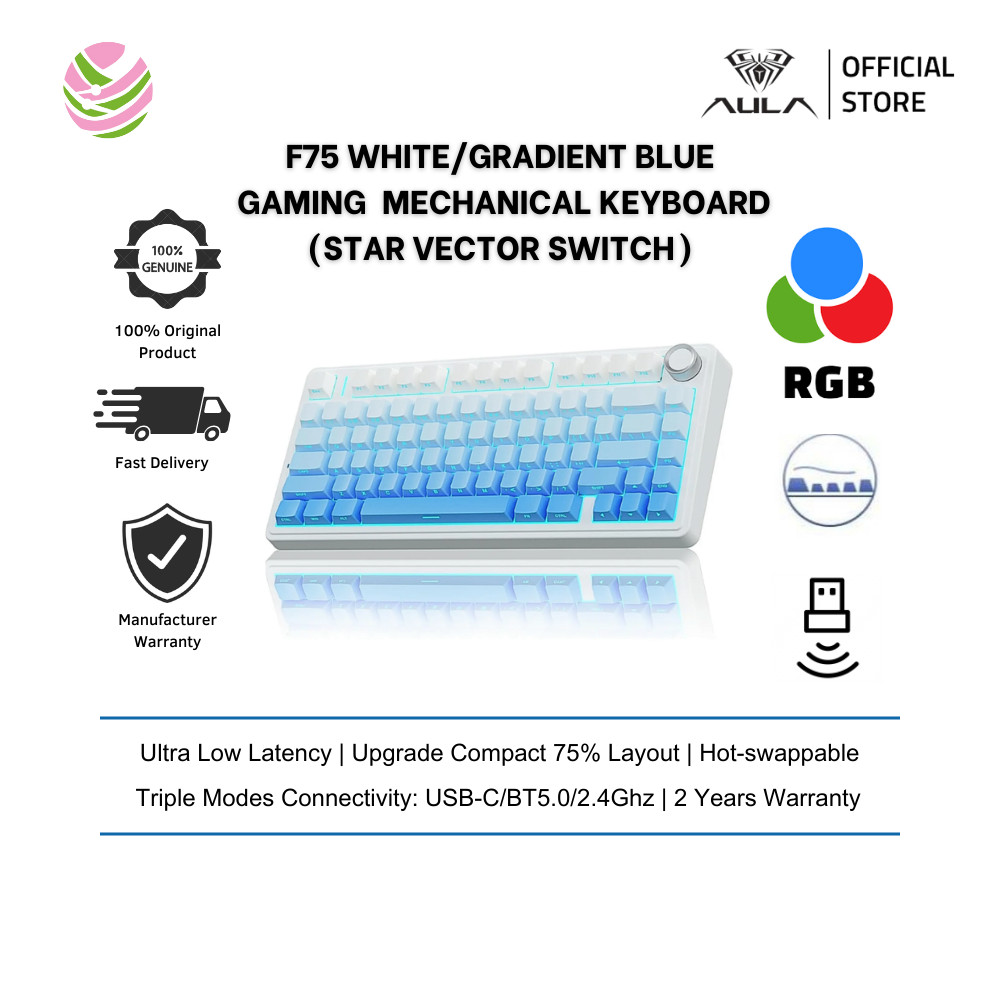 Aula F75 White/ Gradient Blue Side Engrave Tri-Mode Mechanical Keyboard ...