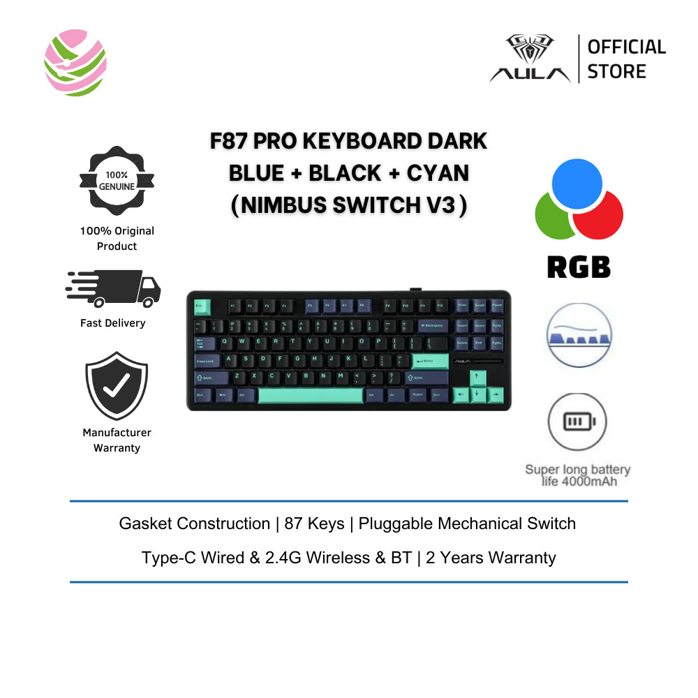 AULA F87 3 IN 1 Gasket keyboard Dark Blue + Black + Cyan (80% Wired ...
