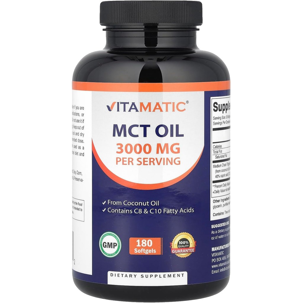 Vitamatic MCT Oil 3000 mg per Serving - 180 Softgels - from Coconut Oil - Contains 55% caprylic ...