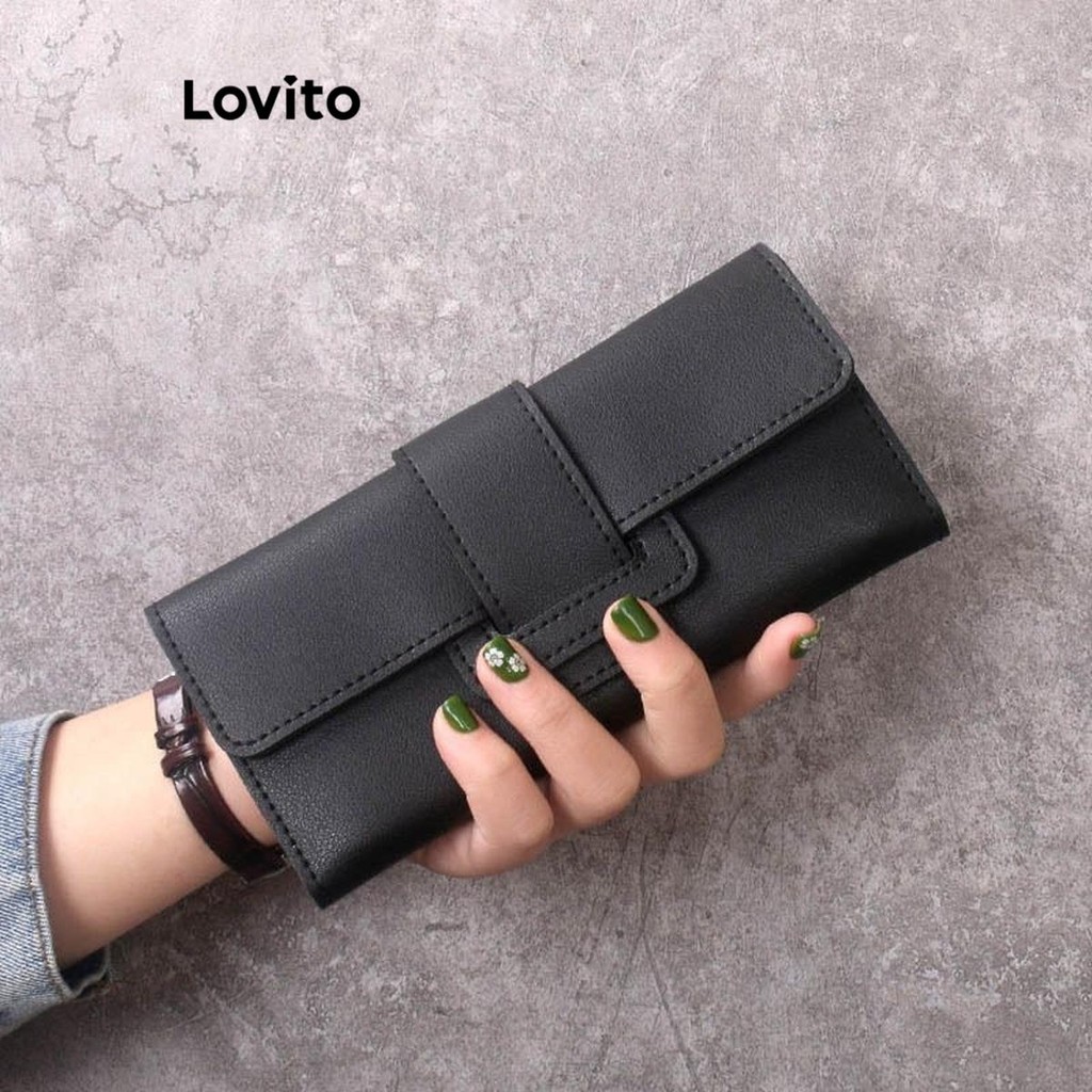 Lovito Elegant Plain Long Wallet Tri Fold Clutch Bag Multifunctional Pu ...