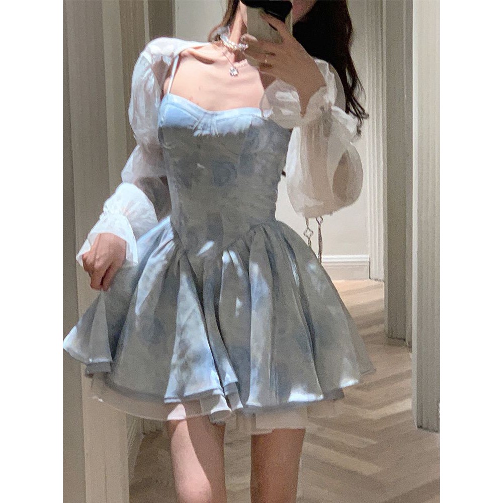 Fishbone Sling Dress Female 2024 Tube Top Tie-Dye Puff Sleeve Super ...