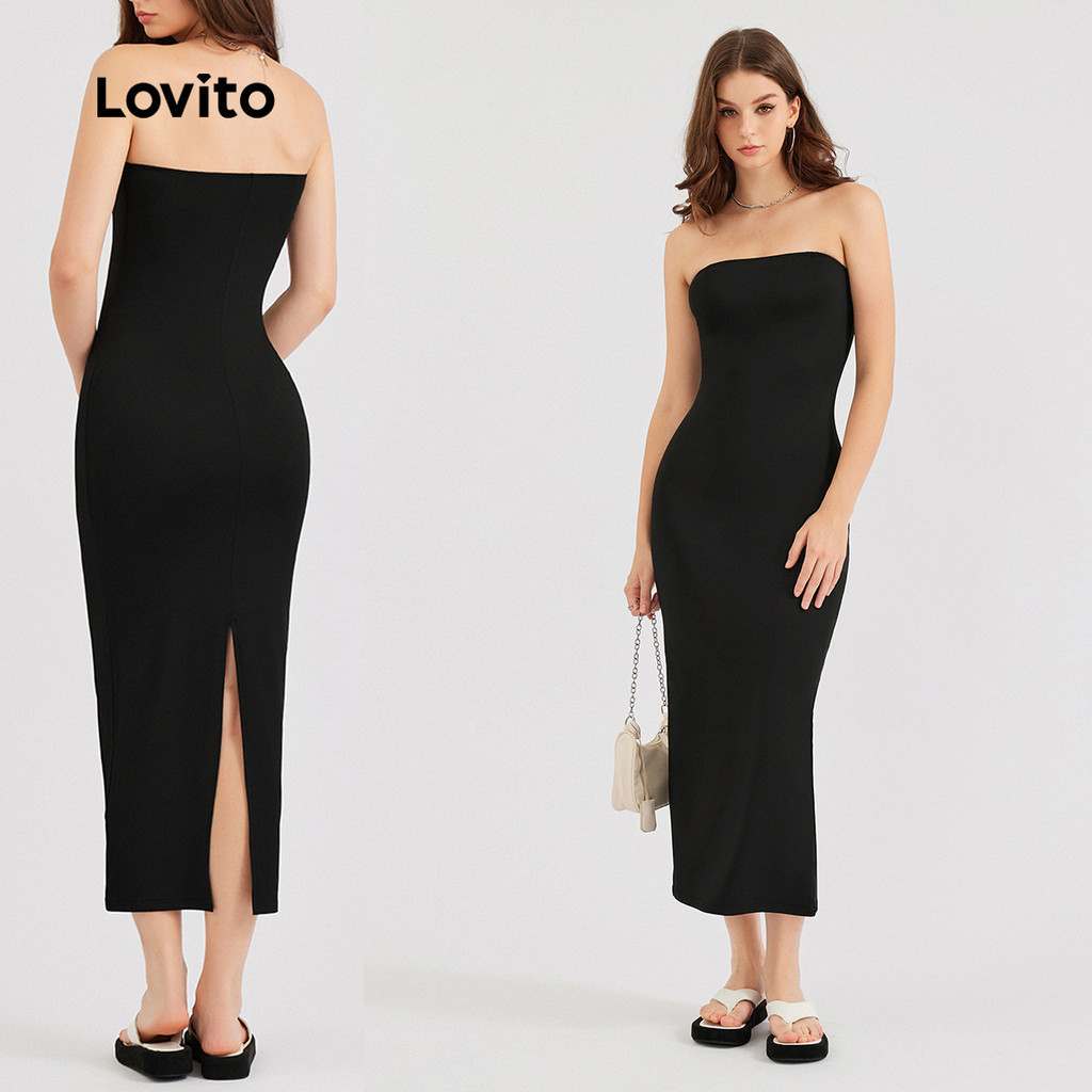 (Ready Stock) Lovito Casual Plain Split Plain Cold Shoulder Bodycon ...