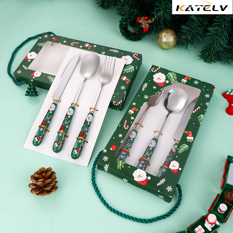 KATELV 304 Stainless Steel Christmas Cutlery Set Ceramic Handle Santa ...