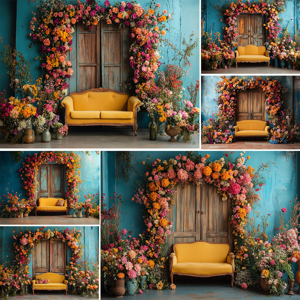 Mexican Style Photography Background Arch Garland Sofa Wooden Door ...