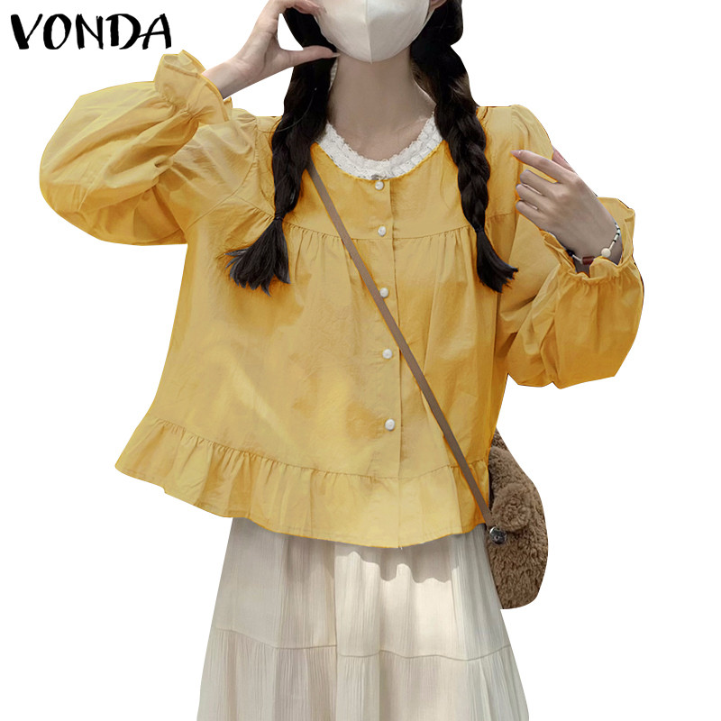 VONDA Women Korean Fashion Long Sleeve Stand Collar Ruffle Pleated ...