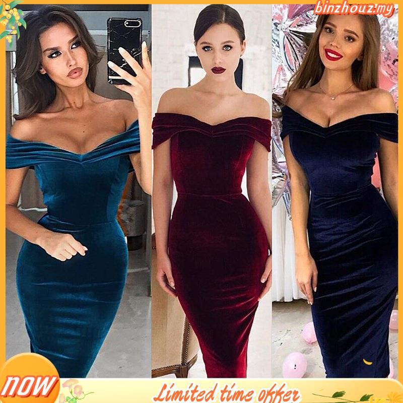 Lady Birthday Party Dress Dinner Velvet Sexy Off- Shoulder Elegant ...