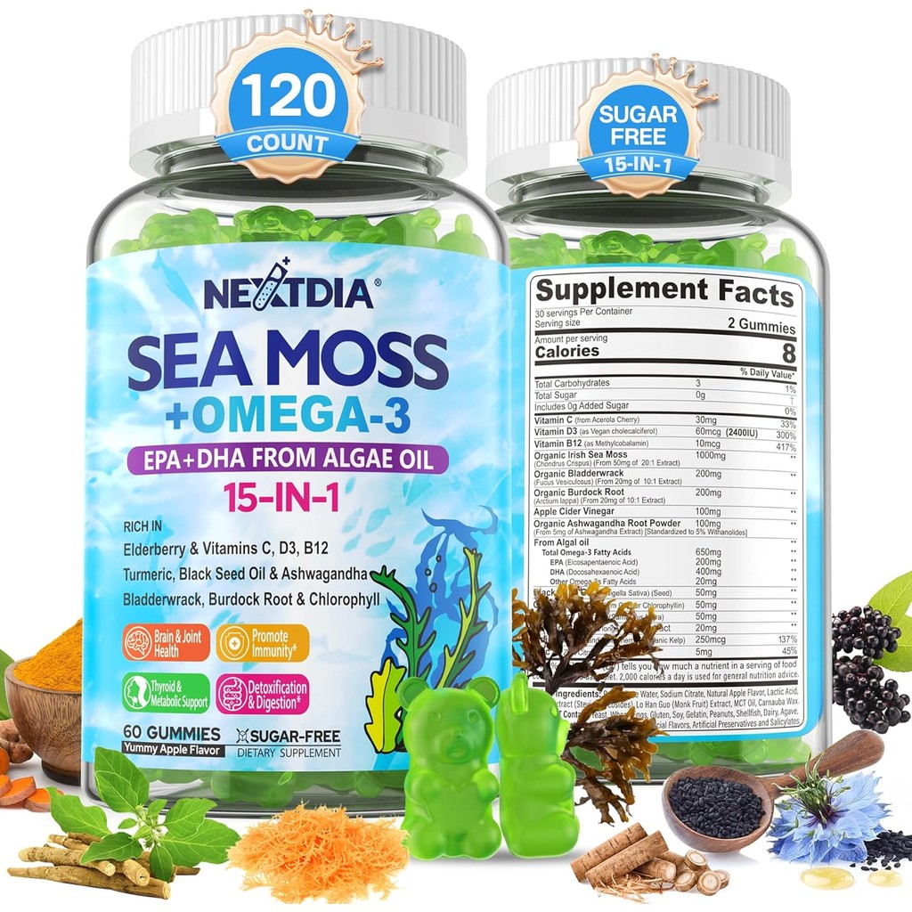 Gummies Sea Moss + Omega-3 untuk Dewasa dengan Ashwagandha, Kunyit ...