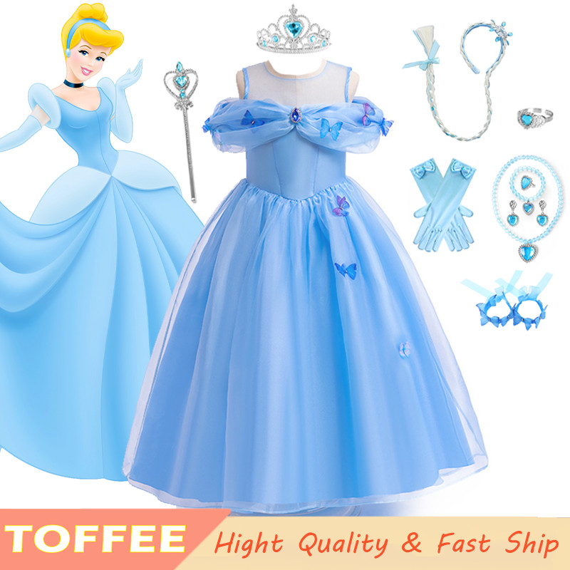 Princess Cinderella Light Blue Dress For Kids Girl Butterfly Gown ...