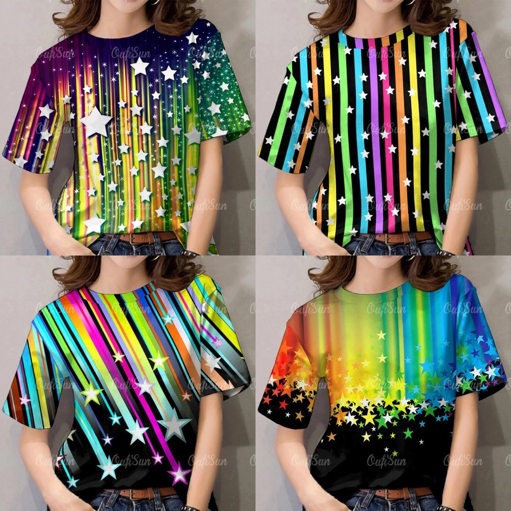 2025 Loose Short Sleeve Tops Rainbow Star Pattern T-Shirt Women’s ...