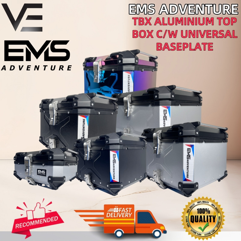 EMS ADVENTURE TBX ALUMINIUM TOP BOX C/W UNIVERSAL BASEPLATE REAR BOX ...