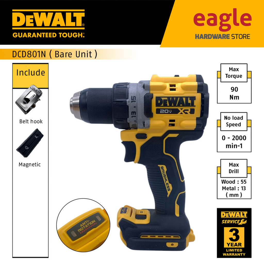 Dewalt DCD801N-B1 13mm ( 1/2" ) 18/20V Brushless Cordless Drill Driver ...