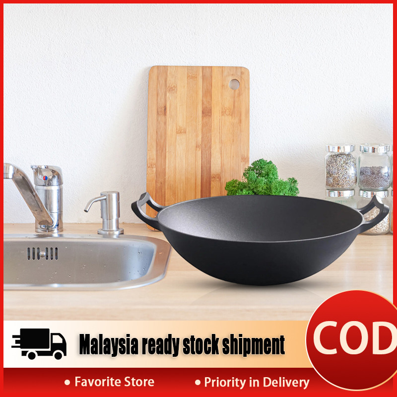 32cm/12.6" Cast Iron Wok Round Bottom Uncoated Wok with 2 Loop Handles ...