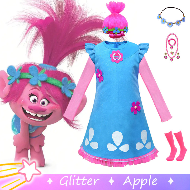 Trolls Poppy Pink Blue Flower Dress For Kids Girl Cosplay Costume ...